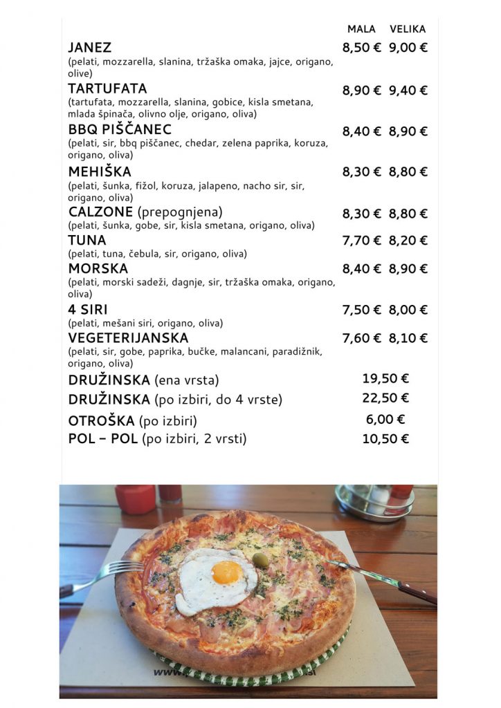 Jedilni list - Planinski dom Komenda